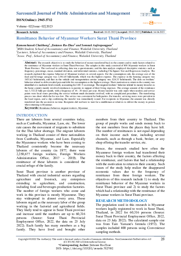(PDF) Remittance Behavior of Myanmar Workers Surat Thani Province