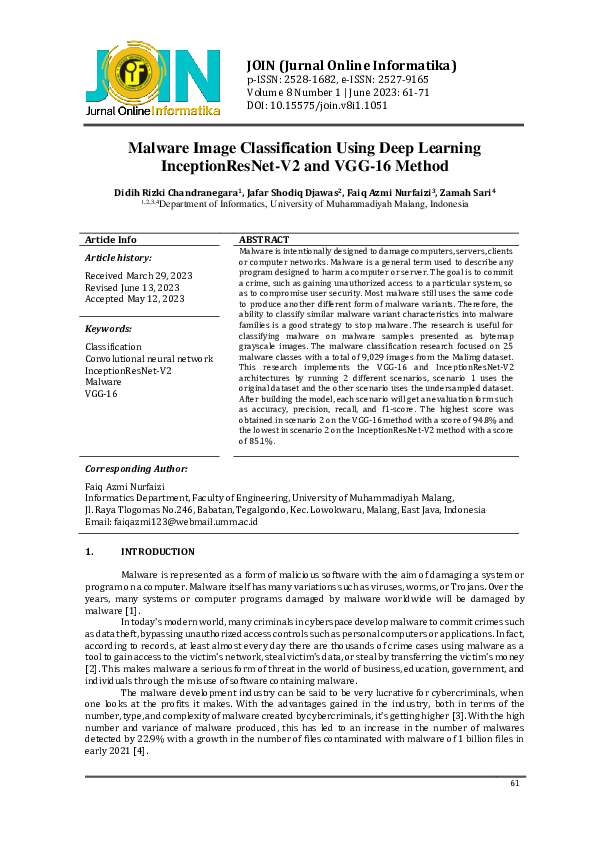(PDF) Malware Image Classification Using Deep Learning InceptionResNet ...