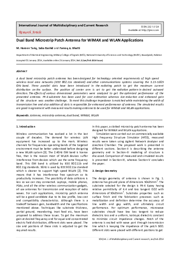 (PDF) Dual Band Microstrip Patch Antenna for WiMAX and WLAN Applications