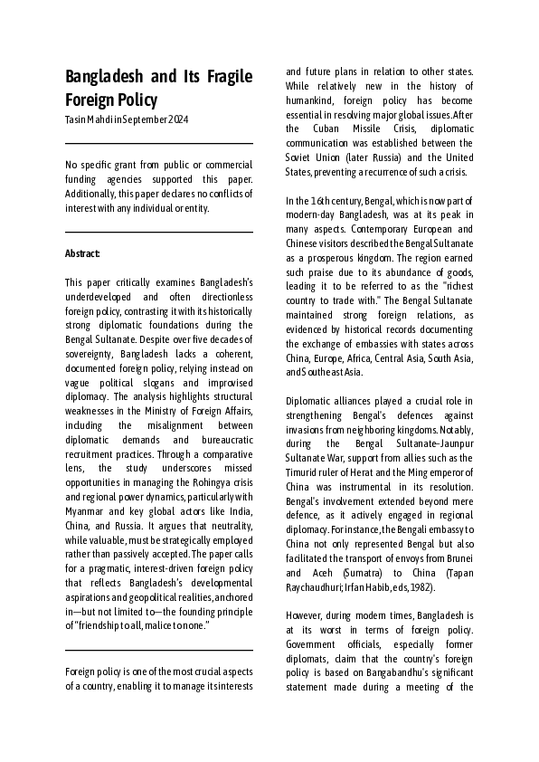 (PDF) Bangladesh and its fragile foreign policy
