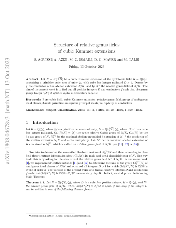 (PDF) Structure of relative genus fields of cubic Kummer extensions