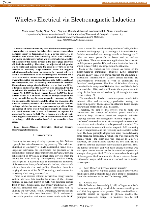 (PDF) Wireless Electrical via Electromagnetic Induction