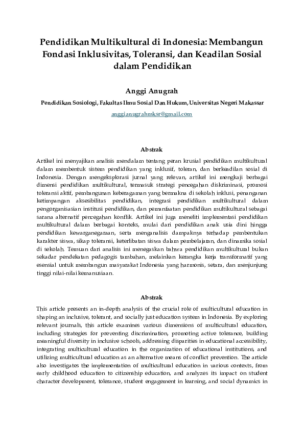 (PDF) Pendidikan Multikultural di Indonesia: Membangun Fondasi Inklusivitas, Toleransi, dan ...