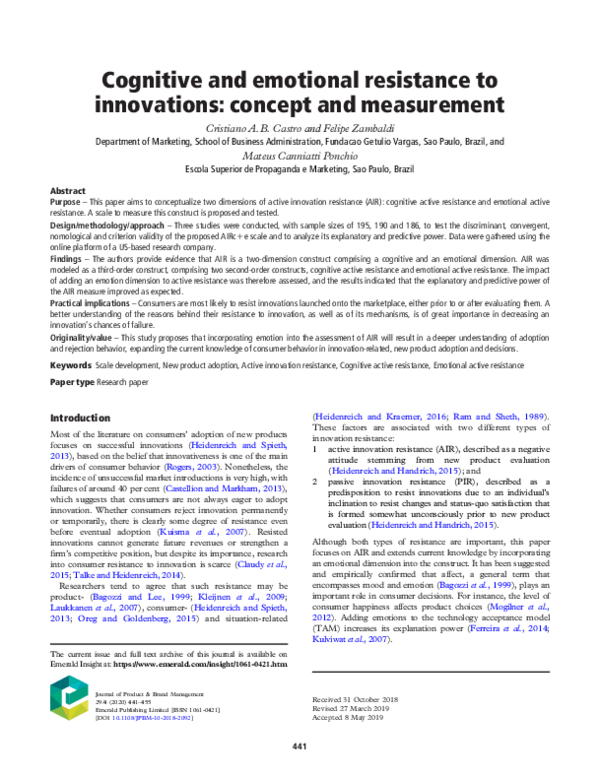 (PDF) Cognitive and emotional resistance to innovations: concept and ...