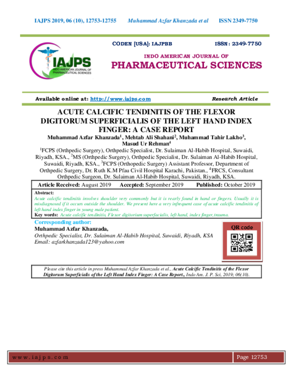 (PDF) Acute Calcific Tendinitis of the Flexor Digitorum Superficialis ...