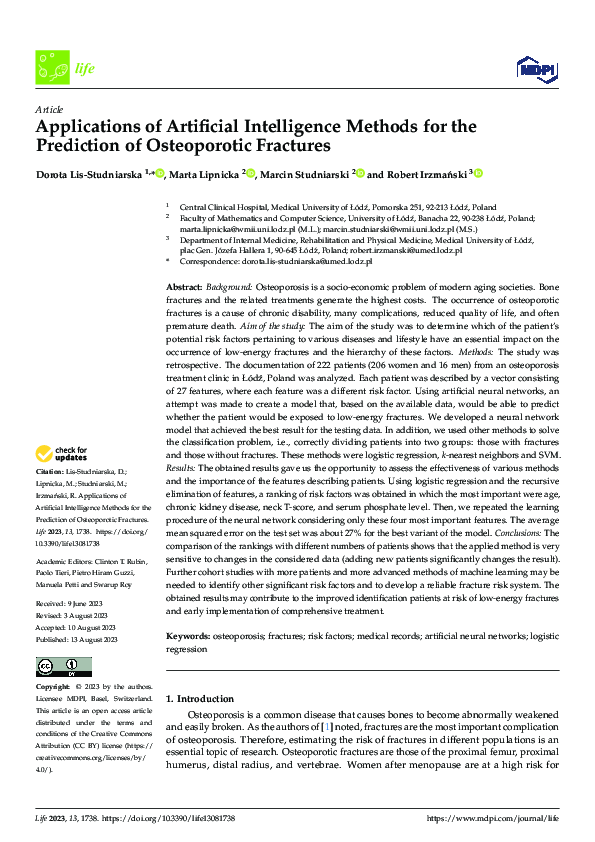 (PDF) Applications of Artificial Intelligence Methods for the Prediction of Osteoporotic Fractures