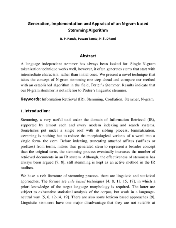 (PDF) Generation, implementation, and appraisal of an N-gram-based stemming algorithm