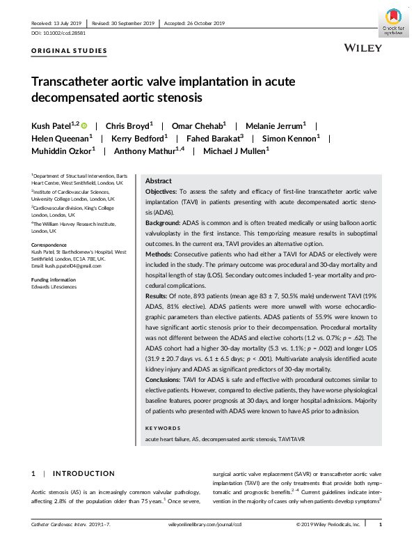 (PDF) Transcatheter aortic valve implantation in acute decompensated aortic stenosis