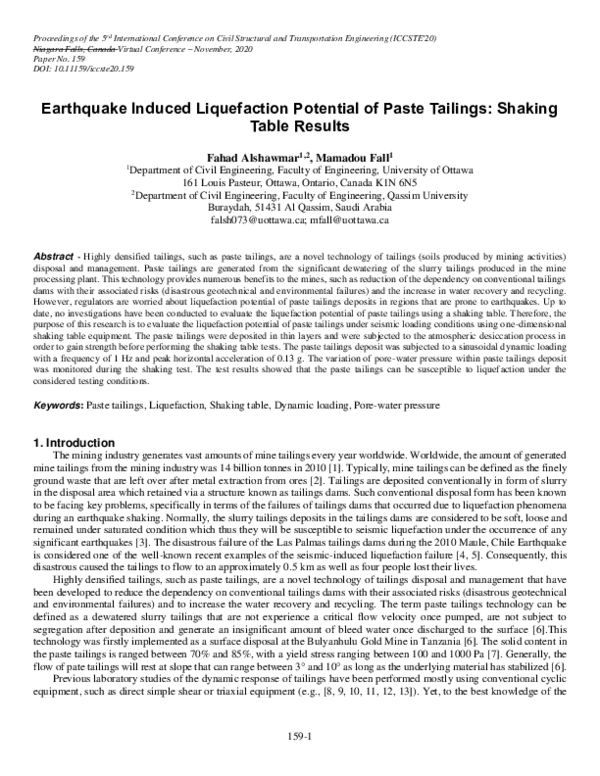 (PDF) Earthquake Induced Liquefaction Potential of Paste Tailings ...