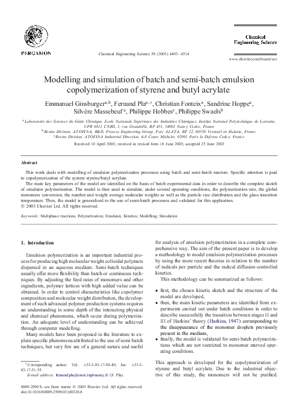 (PDF) Modelling and simulation of batch and semi-batch emulsion copolymerization of styrene and ...