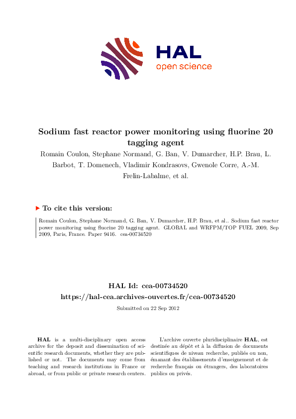 (PDF) Sodium fast reactor power monitoring using fluorine 20 tagging agent