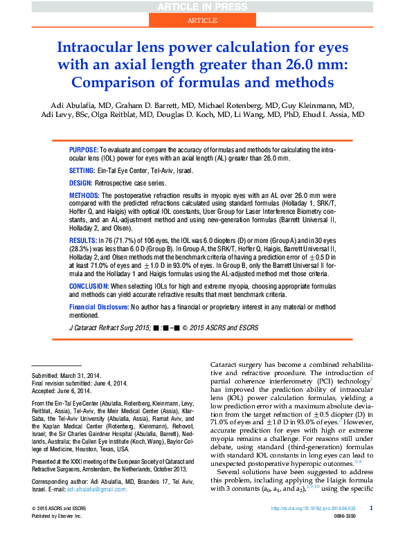 (PDF) Intraocular lens power calculation for eyes with an axial length ...