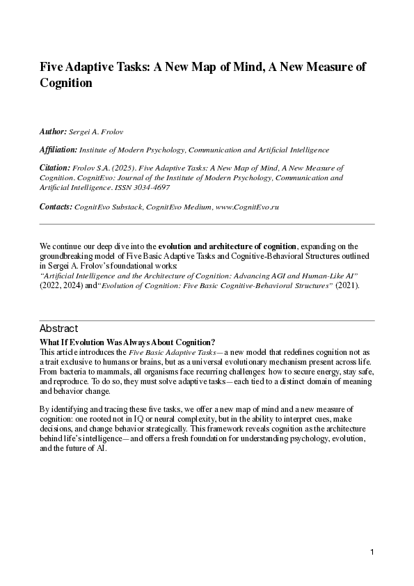 (PDF) Five Adaptive Tasks: A New Map of Mind, A New Measure of Cognition
