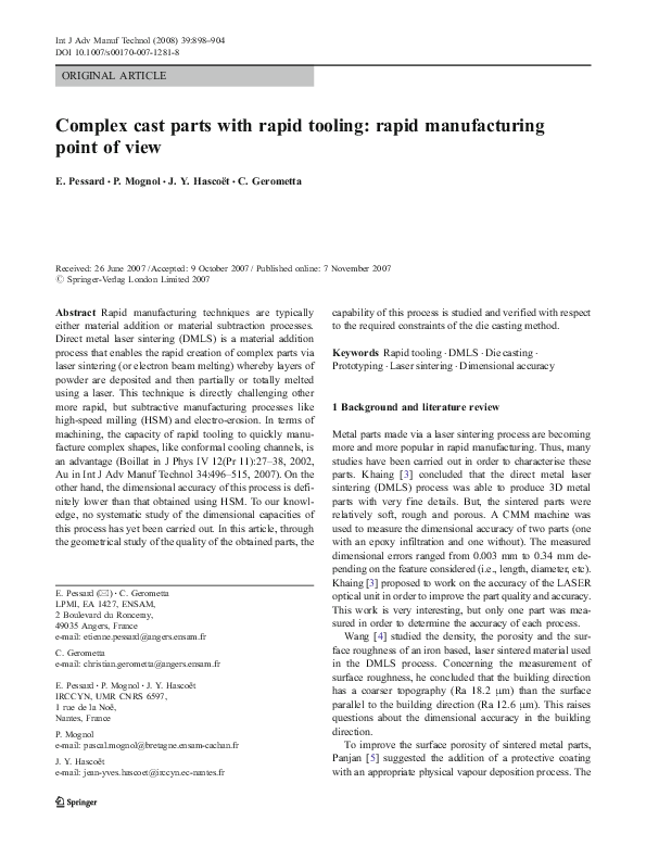 (PDF) Complex cast parts with rapid tooling: rapid manufacturing point ...