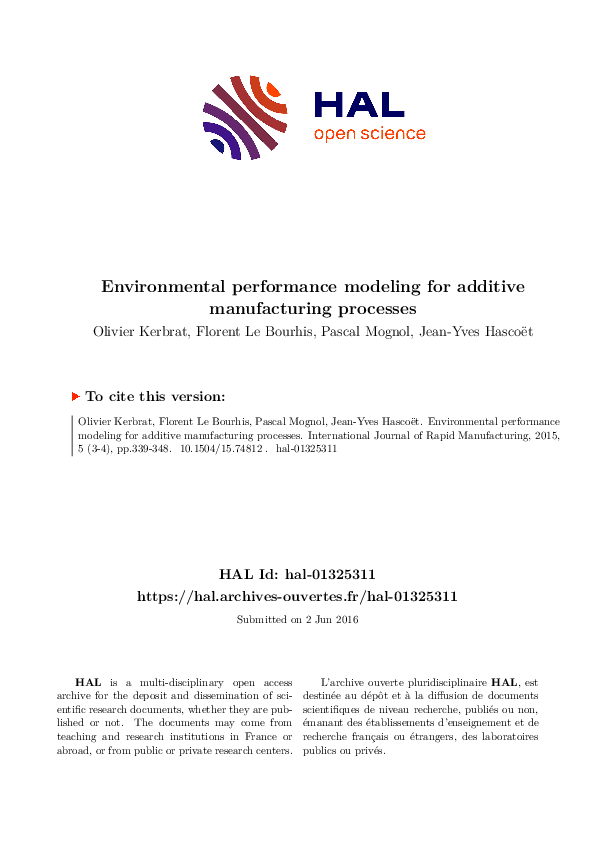 (PDF) Environmental performance modeling for additive manufacturing ...