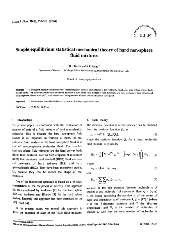 (PDF) A simple equilibrium statistical mechanical theory of dense hard ...