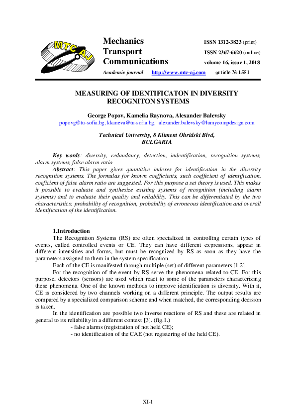 (PDF) XI-1 Measuring of Identificaton in Diversity Recogniton Systems