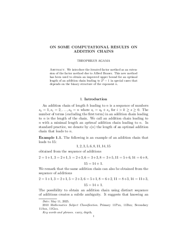 (PDF) ON SOME COMPUTATIONAL RESULTS ON ADDITION CHAINS