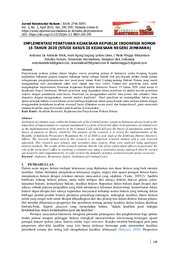 (PDF) Implementasi Peraturan Kejaksaan Republik Indonesia Nomor 15 Tahun 2020 (Studi Kasus Di ...