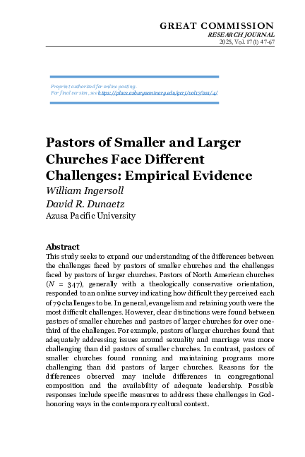 (PDF) Pastors of Smaller and Larger Churches Face Different Challenges ...
