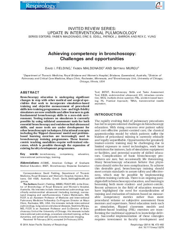 (PDF) Achieving competency in bronchoscopy: Challenges and opportunities