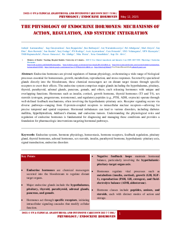 (PDF) The Physiology of Endocrine Hormones: Mechanisms of Action, Regulation, and Systemic ...
