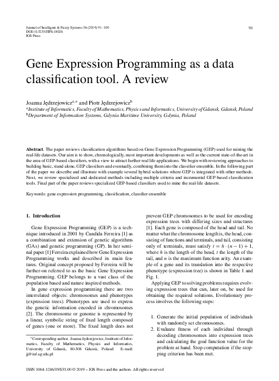 (PDF) Gene Expression Programming as a data classification tool. A review