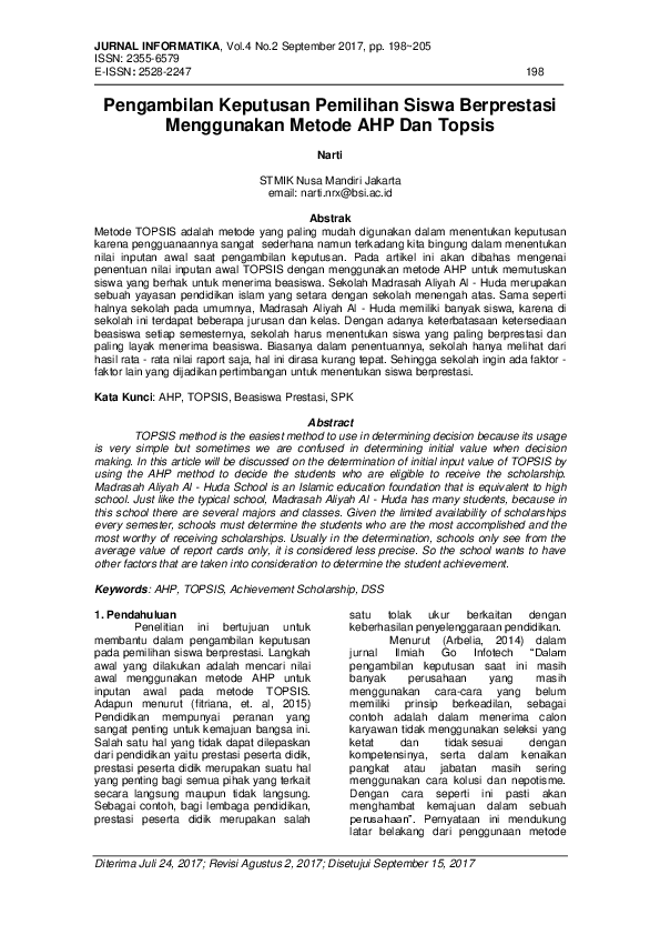 (PDF) Pengambilan Keputusan Pemilihan Siswa Berprestasi Menggunakan Metode AHP Dan Topsis