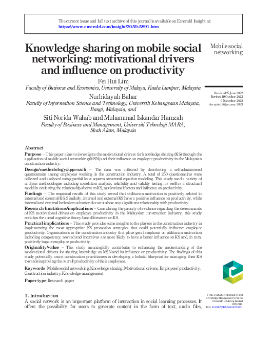 (PDF) Knowledge sharing on mobile social networking: motivational drivers and influence on ...