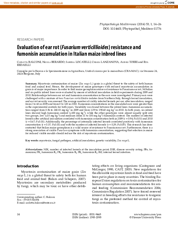 (PDF) Evaluation of ear rot ( Fusarium verticillioides ) resistance and ...
