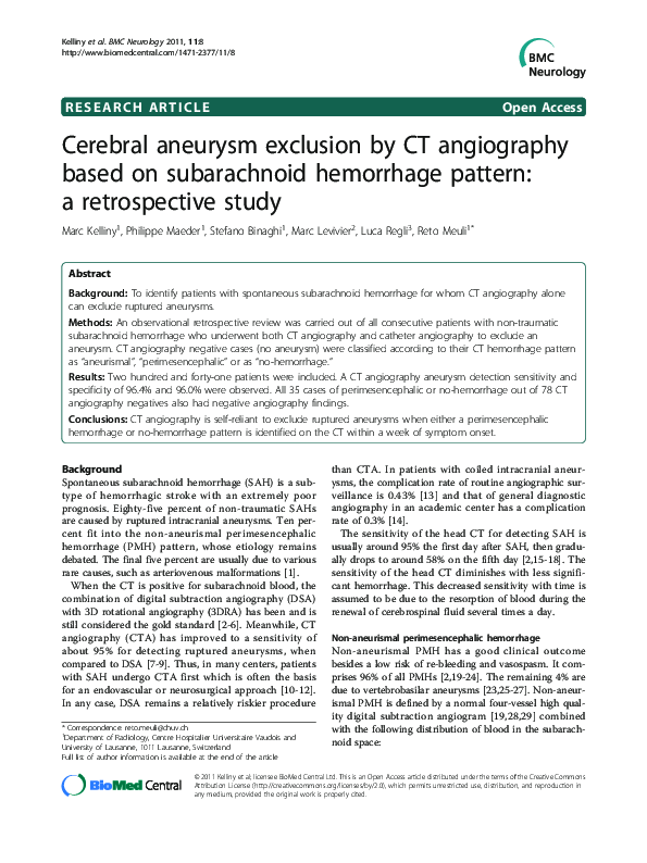 (PDF) Cerebral aneurysm exclusion by CT angiography based on subarachnoid hemorrhage pattern: a ...
