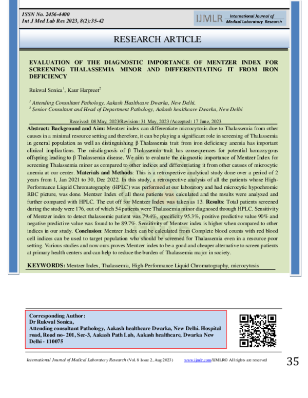 (PDF) EVALUATION OF THE DIAGNOSTIC IMPORTANCE OF MENTZER INDEX FOR ...