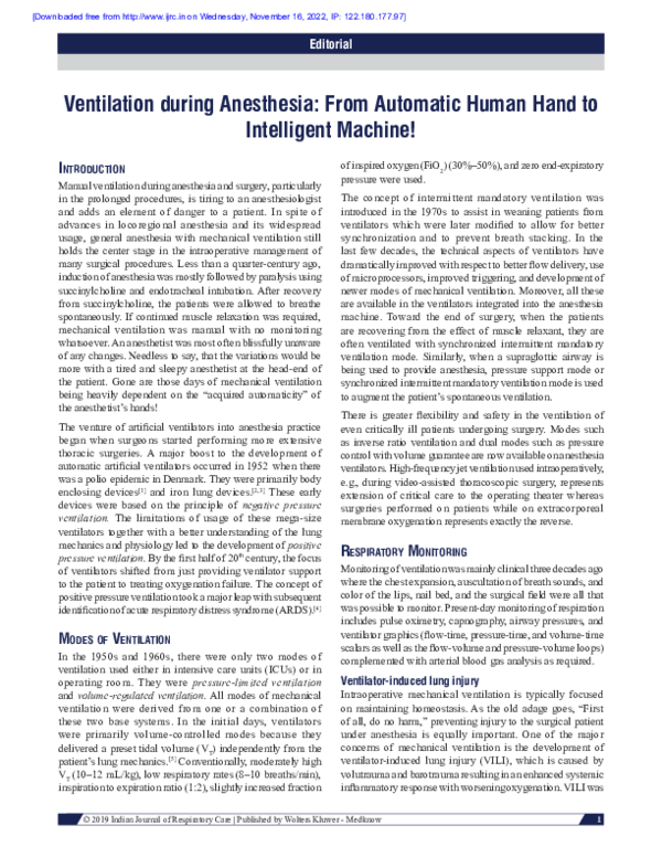 (PDF) Ventilation during Anesthesia: From Automatic Human Hand to ...