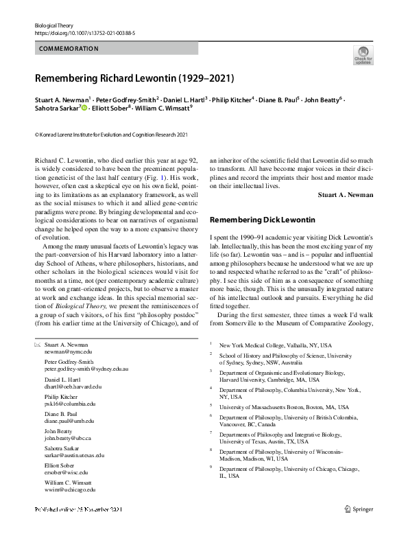 (PDF) Remembering Richard Lewontin (1929–2021)