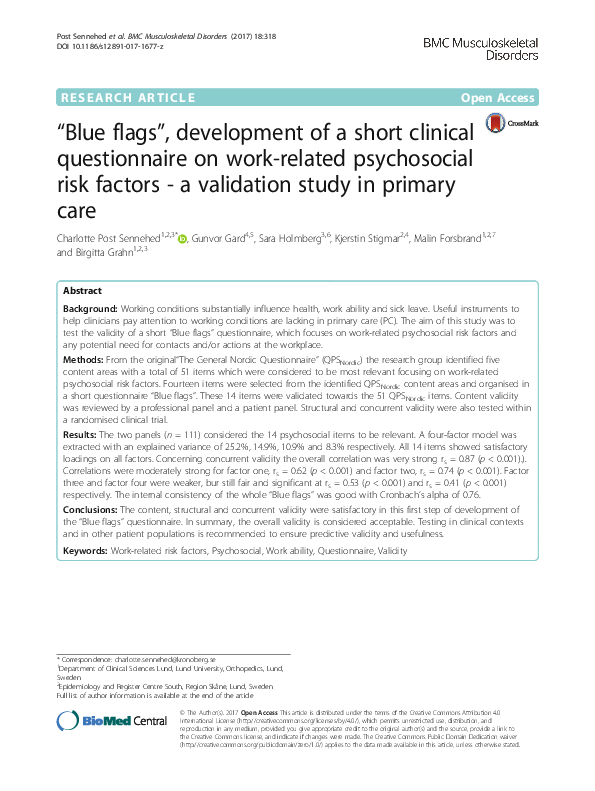 (PDF) “Blue flags”, development of a short clinical questionnaire on ...