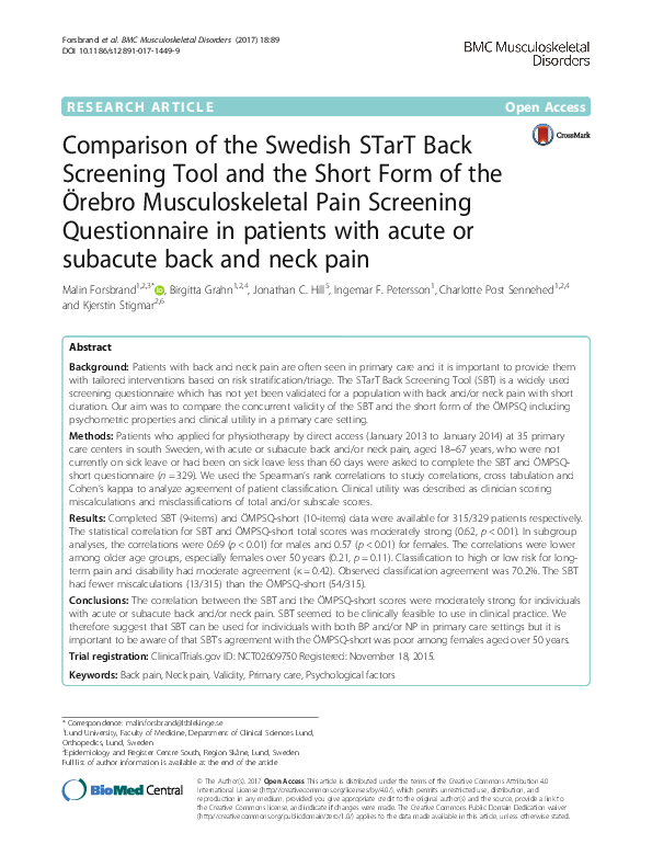 (PDF) Comparison of the Swedish STarT Back Screening Tool and the Short ...