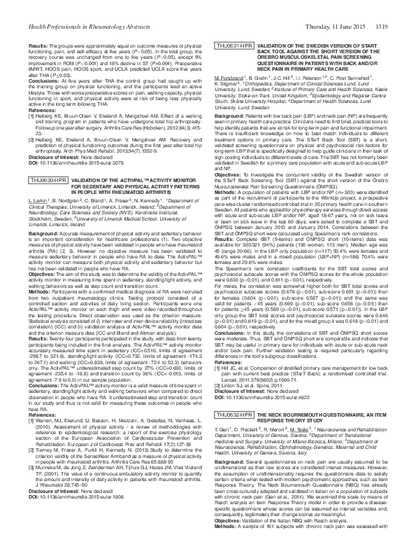 (PDF) THU0631-HPR Validation of the Swedish Version of Start Back Tool ...