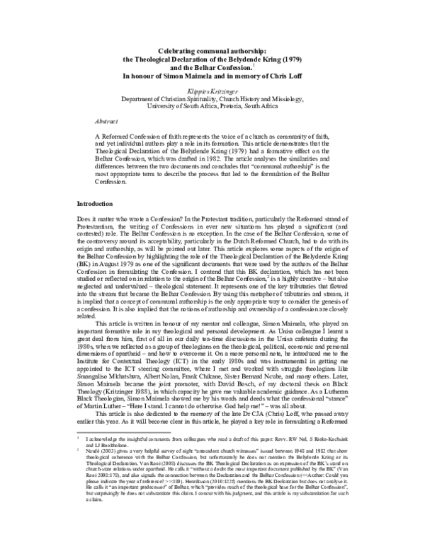(PDF) Celebrating communal authorship: the Theological Declaration of ...
