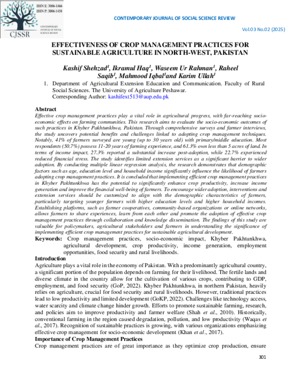 (PDF) EFFECTIVENESS OF CROP MANAGEMENT PRACTICES FOR SUSTAINABLE AGRICULTURE IN NORTH-WEST, PAKISTAN