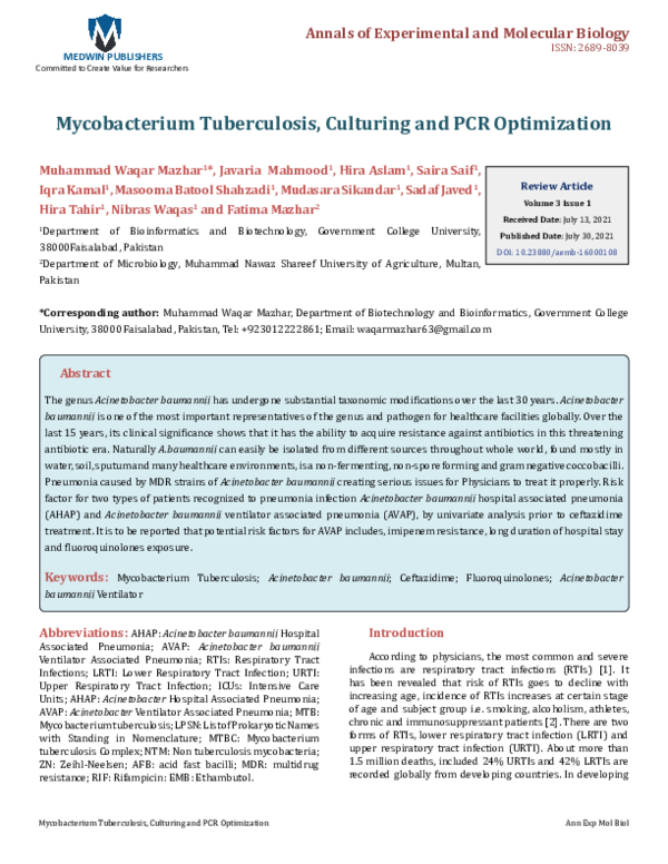 (PDF) Mycobacterium Tuberculosis, Culturing and PCR Optimization
