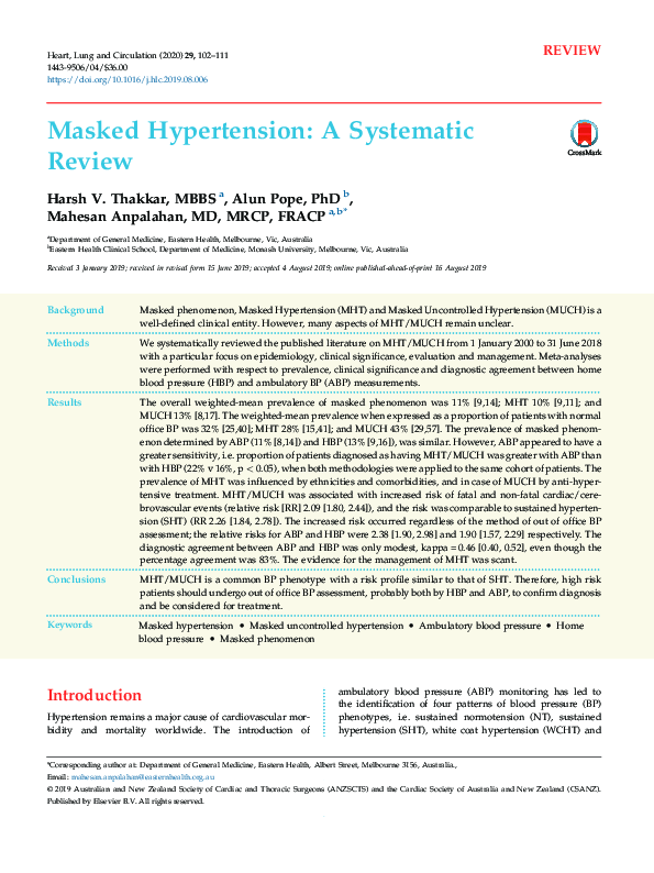 (PDF) Masked Hypertension: A Systematic Review