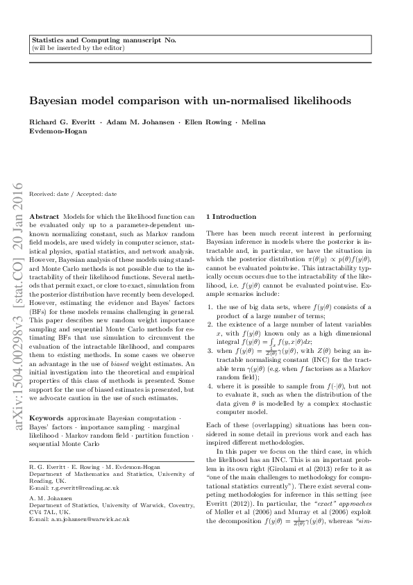 (PDF) Bayesian model comparison with un-normalised likelihoods