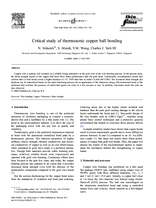 (PDF) Critical study of thermosonic copper ball bonding