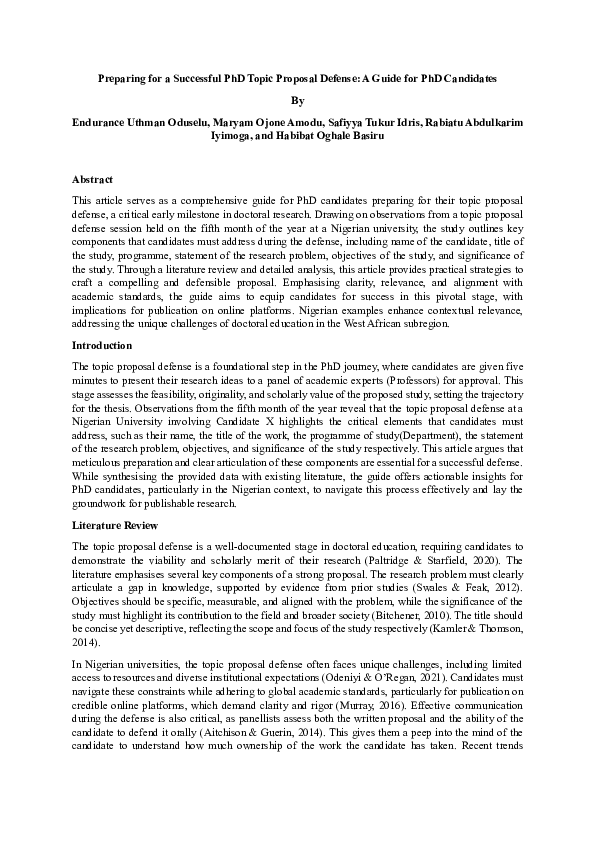 (PDF) Preparing for a Successful PhD Topic Proposal Defense: A Guide ...