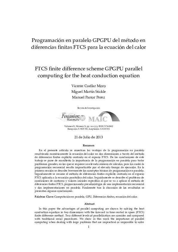 (PDF) FTCS finite difference scheme GPGPU parallel computing for the heat conduction equation ...