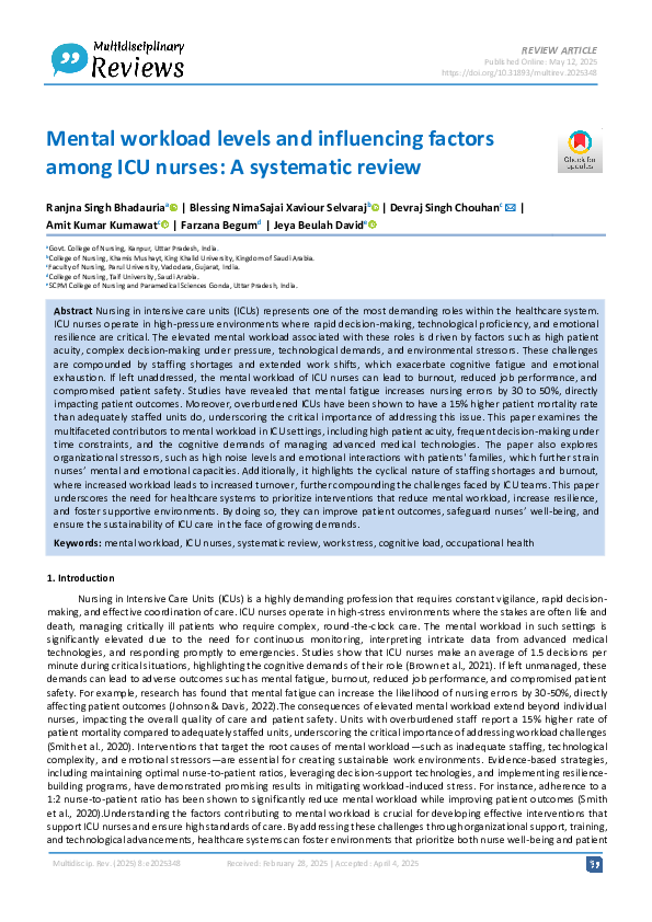 (PDF) Mental workload levels and influencing factors among ICU nurses ...