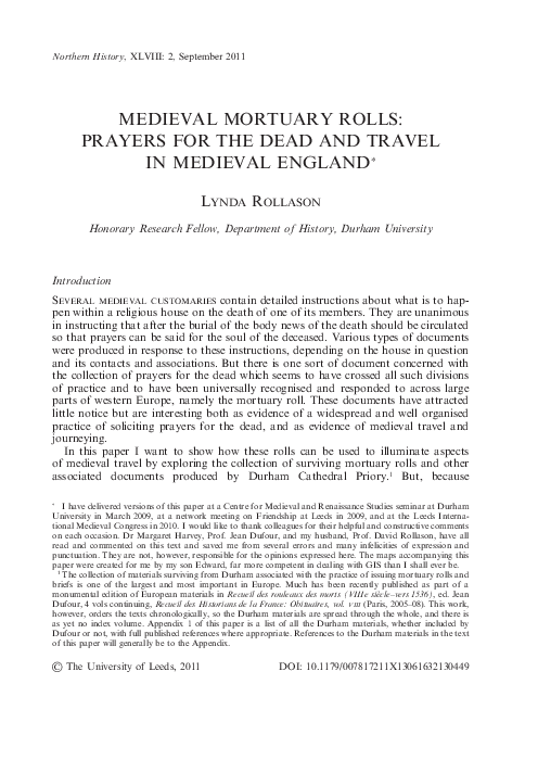 (PDF) Medieval Mortuary Rolls: Prayers for the Dead and Travel in ...