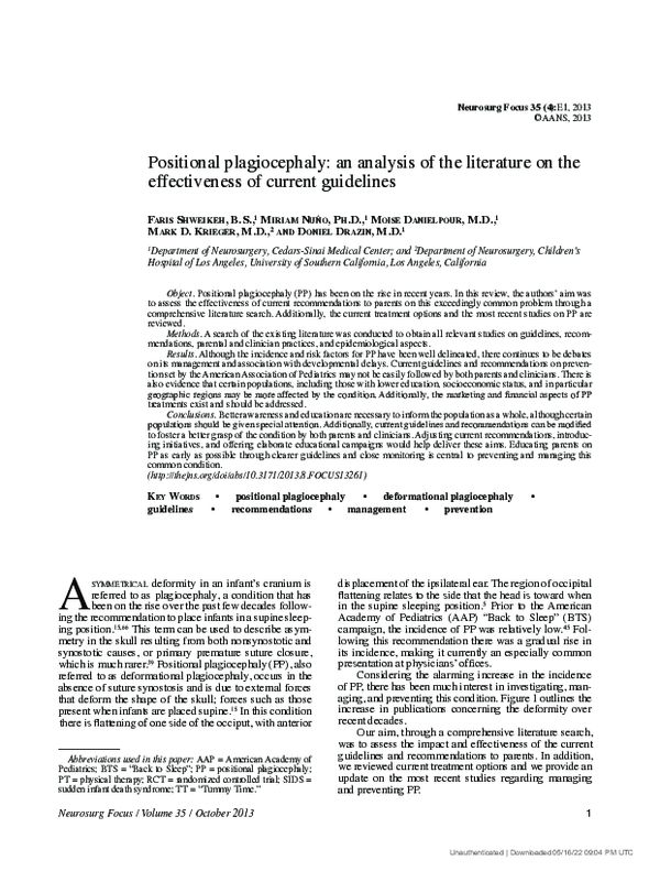 (PDF) Positional plagiocephaly: an analysis of the literature on the ...