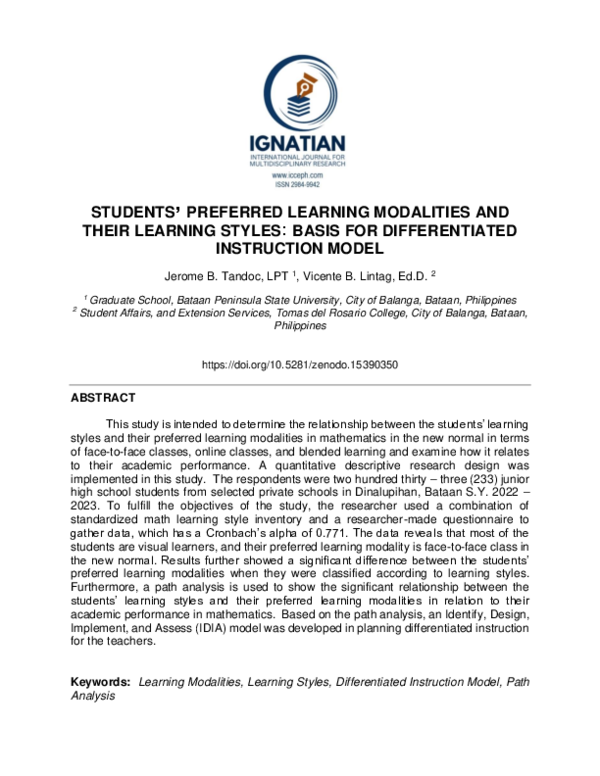 (PDF) STUDENTS PREFERRED LEARNING MODALITIES AND THEIR LEARNING STYLES ...