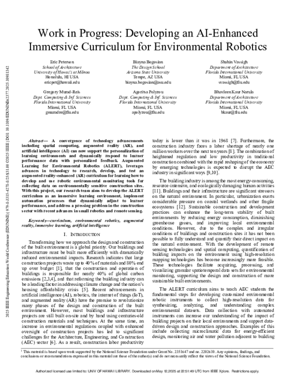 (PDF) Work in Progress: Developing an AI-Enhanced Immersive Curriculum for Environmental Robotics